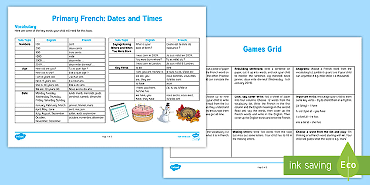 Black and White Primary French: Dates and TImes Parent and Carer ...