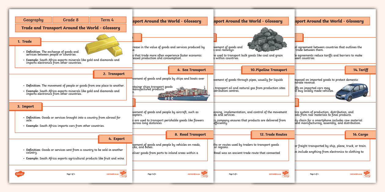 Grade 8 Geography Trade and Transport Around the World Glossary