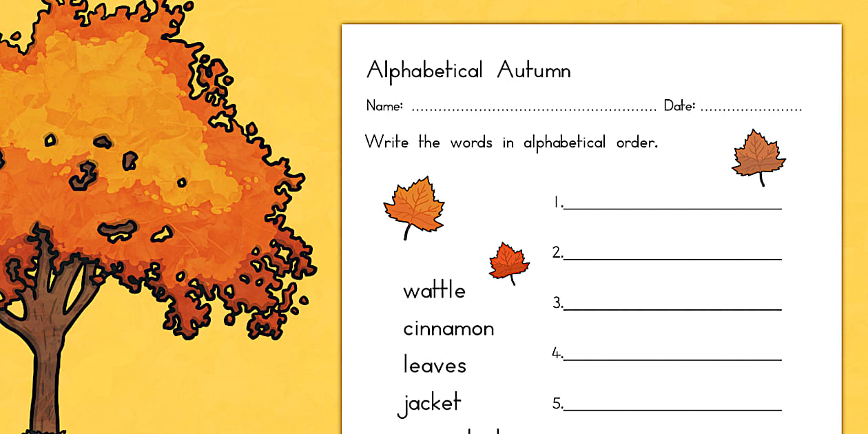 Black and White Autumn Alphabet Ordering Worksheet - Twinkl
