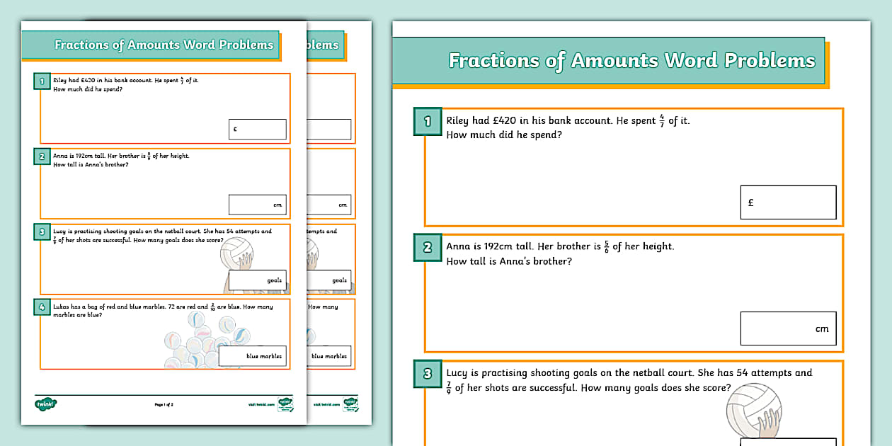 👉 Year 4 Fractions of Amounts Word Problems Activity Sheet