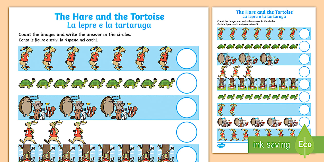 The Tortoise and The Hare Counting Worksheet - Italian / English - The