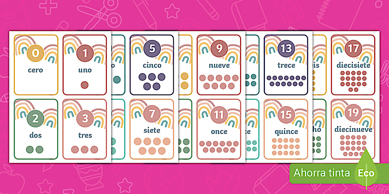Números del 0 al 20 - tarjetas diseño arcoíris - Twinkl