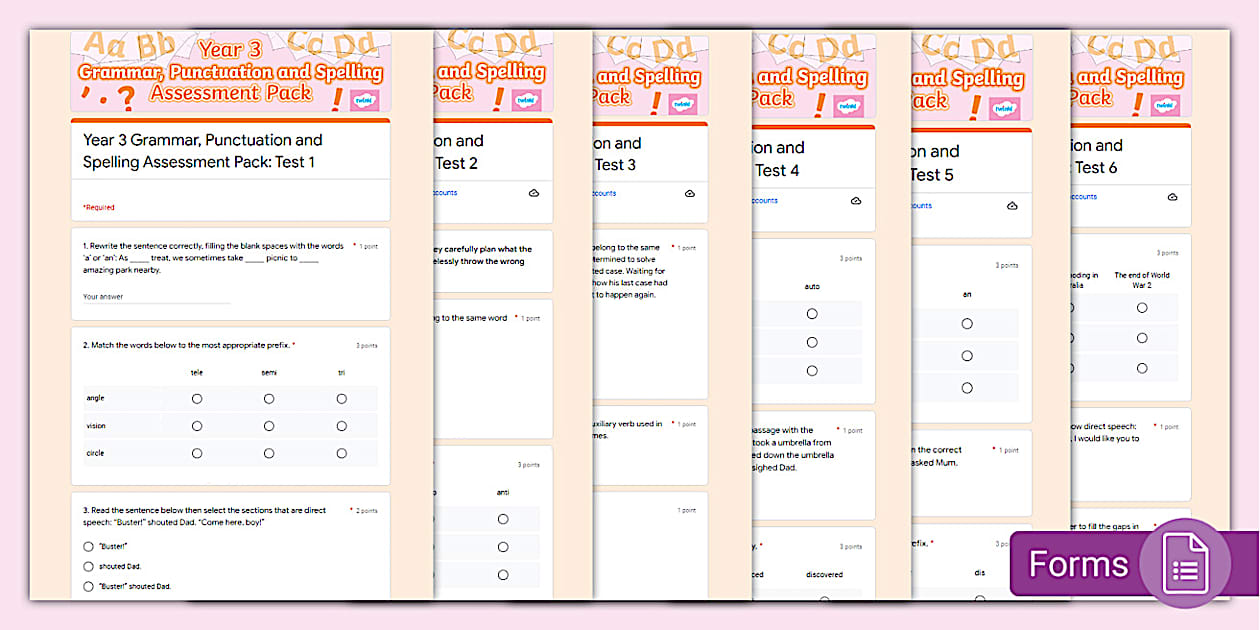 Year 3 Grammar and Punctuation Google Forms Test Pack