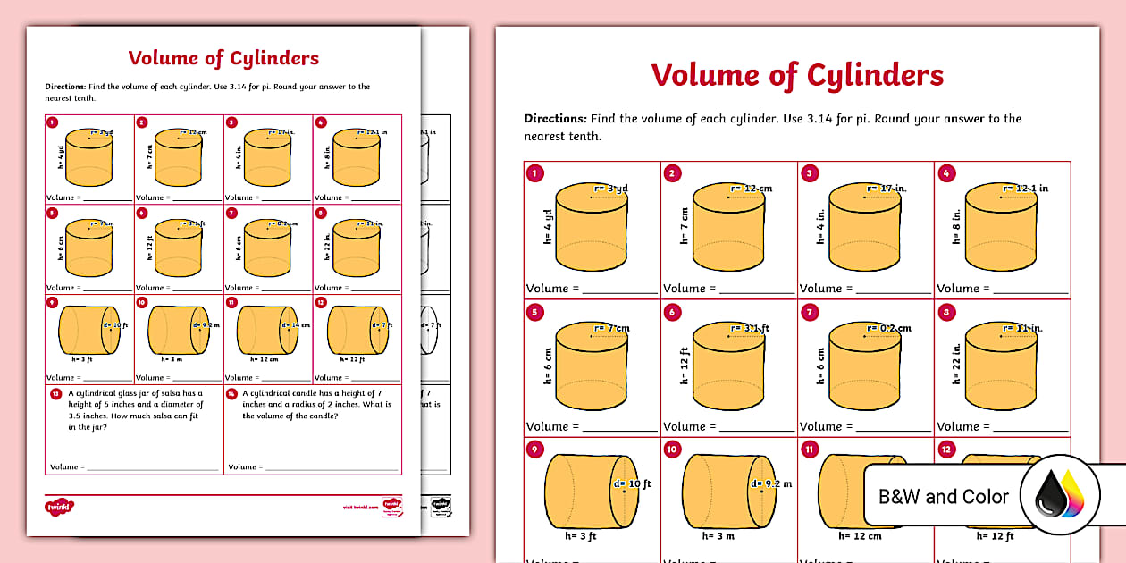 Eighth Grade Volume of Cylinders Worksheet - Twinkl