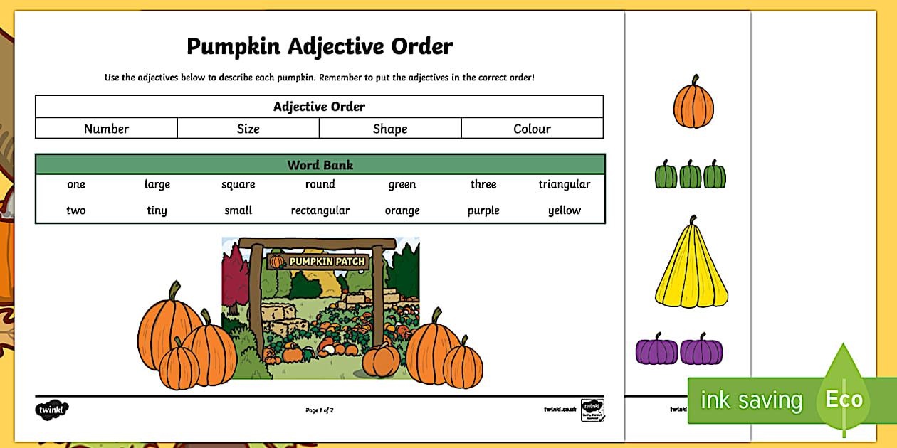 Pumpkin Adjective Order Worksheet / Worksheet - Twinkl