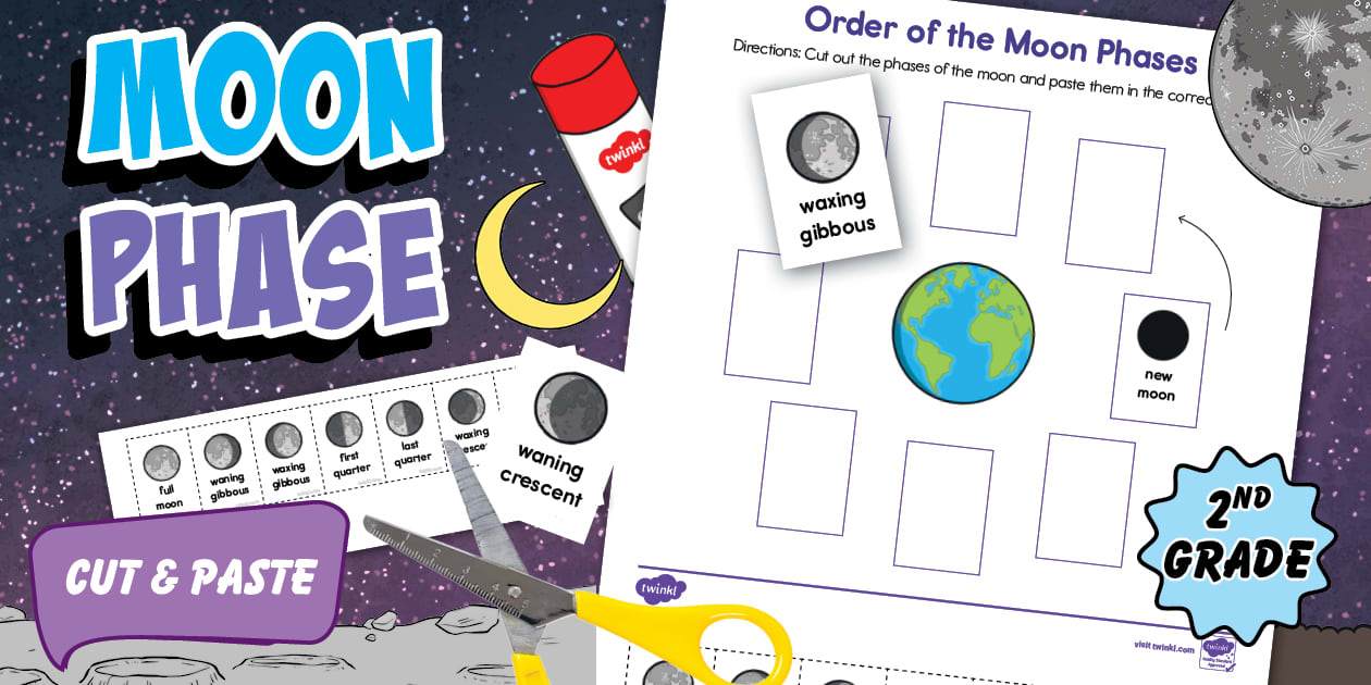 Order of the Moon Phases Cut and Paste Worksheet for K-2nd Grade