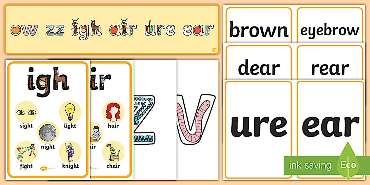 Editable ow, zz, igh, air, ure, ear Phonics Display Pack