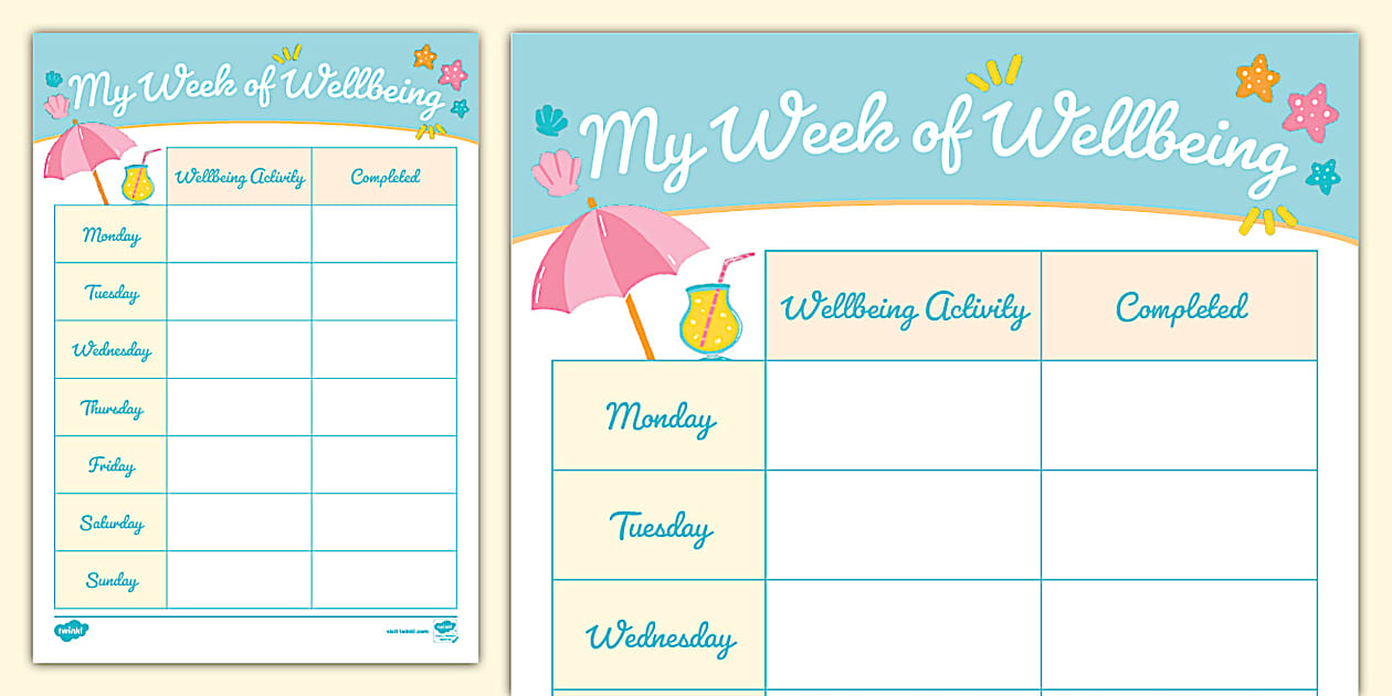 Summer Vibes Themed My Week of Wellbeing Worksheet - Twinkl