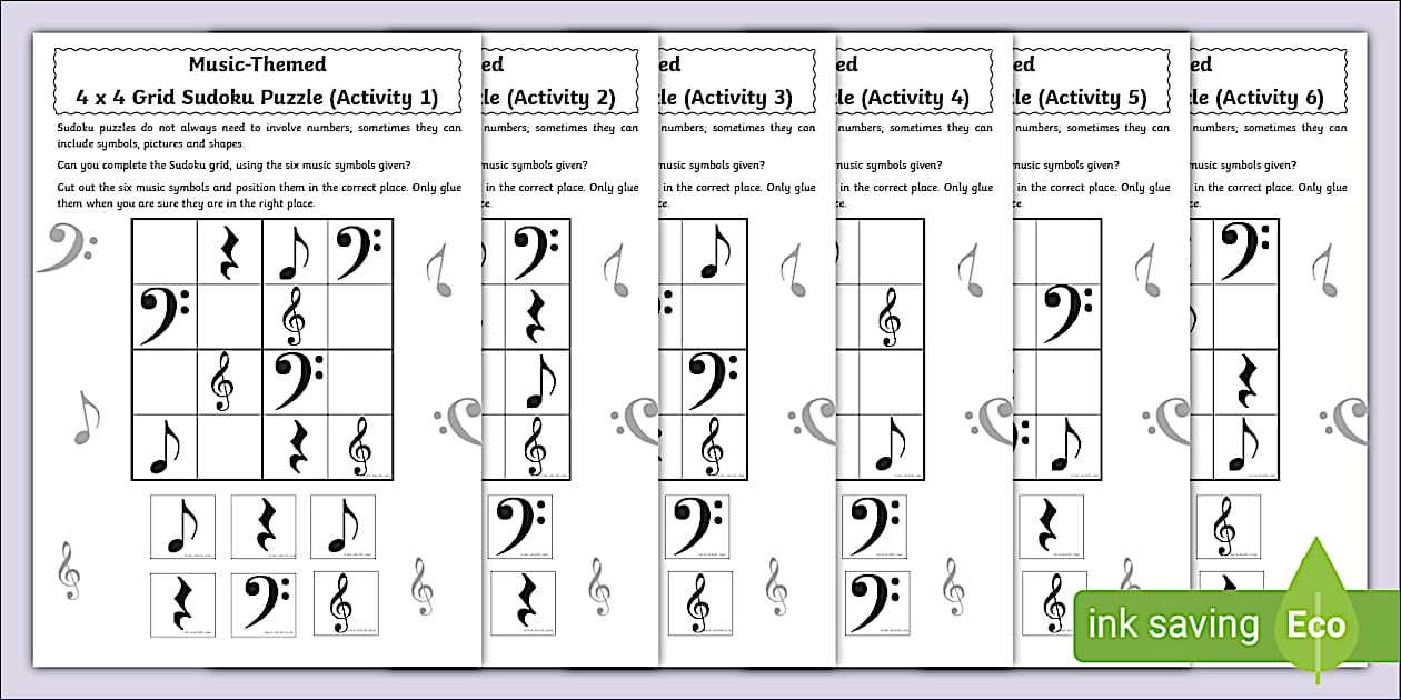 4 x 4 Grid Sudoku - Music Sudoku Puzzles - Twinkl Scotland