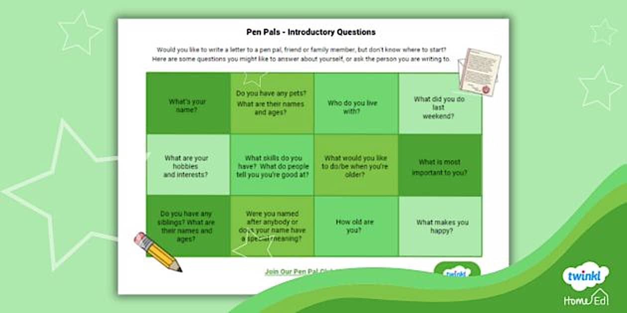 Pen Pal Prompts/Pen Pal Questions - Home Education - Twinkl