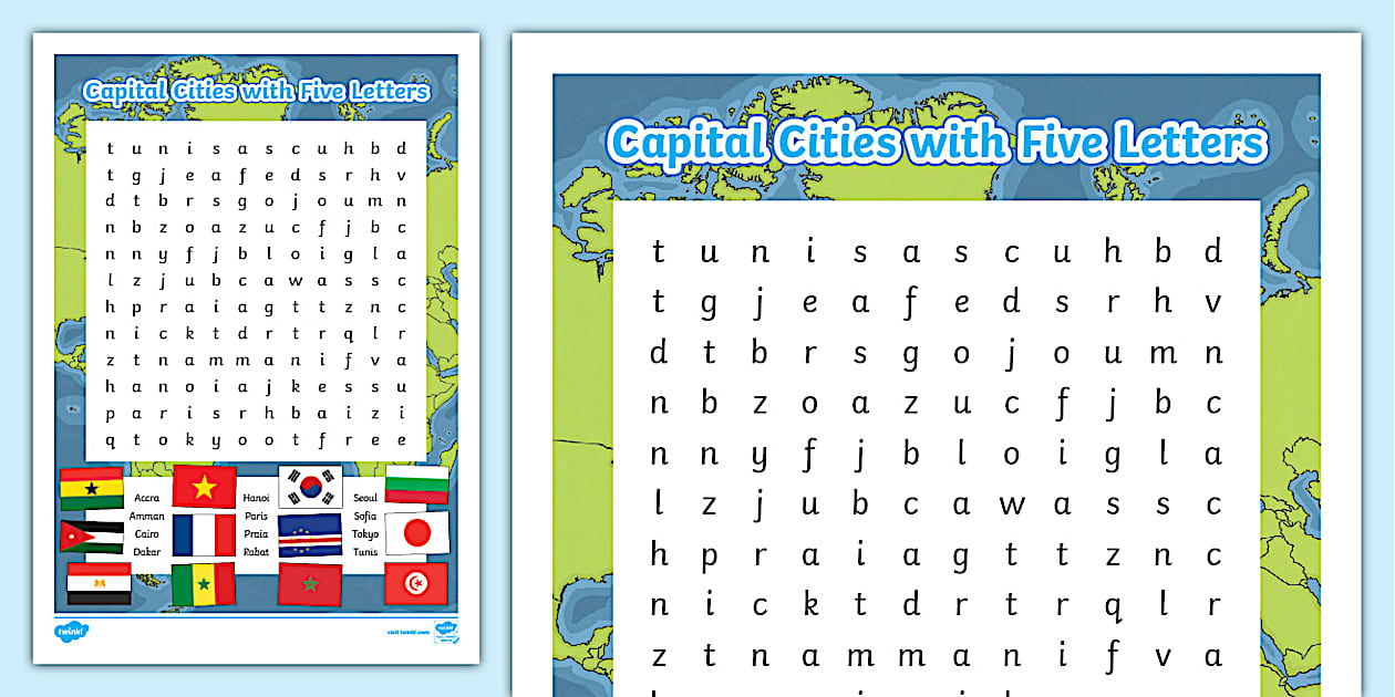 Capital Cities with Five Letters Word Search (teacher made)