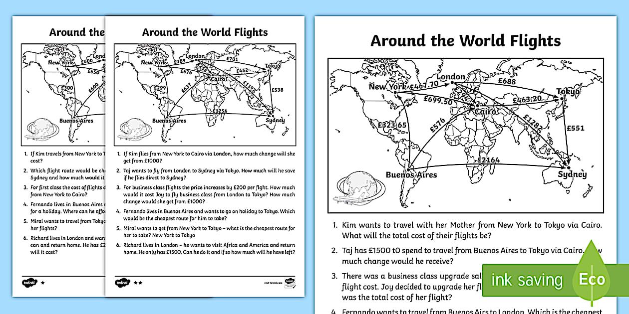 Multi-Step Problems Around the World Flights (teacher made)