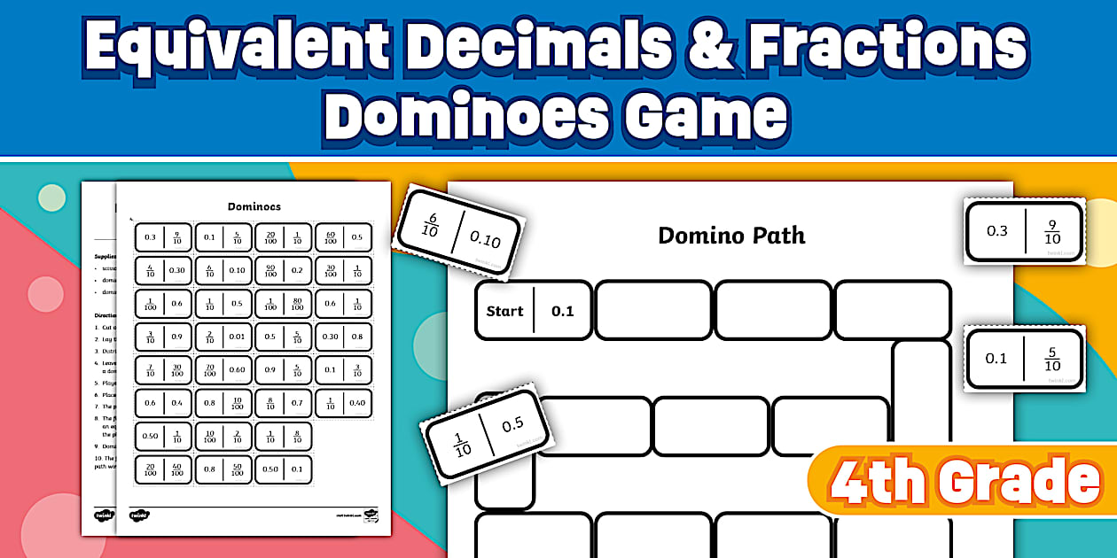 4th Grade Equivalent Decimals and Fractions Dominoes Game