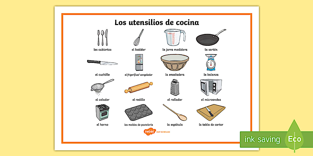 Spanish Utensils Vocabulary | Cooking Utensils Word Mat