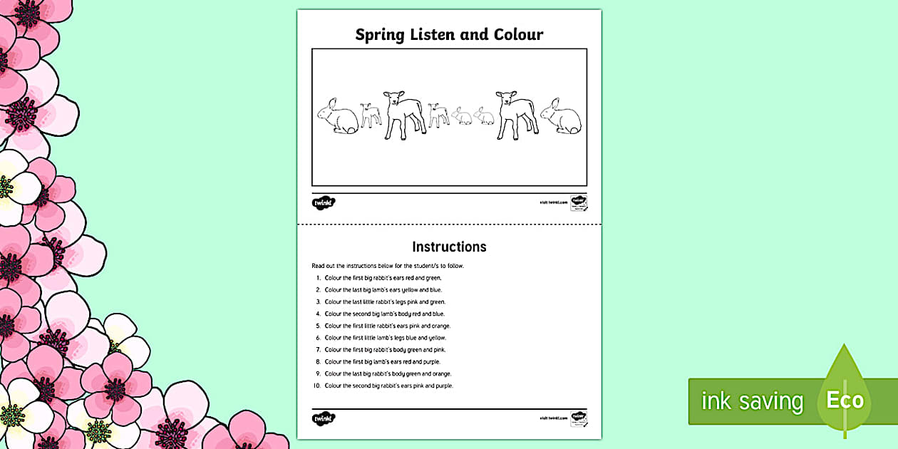 Springtime Listen and Colour Six Key Words Worksheet / Worksheet