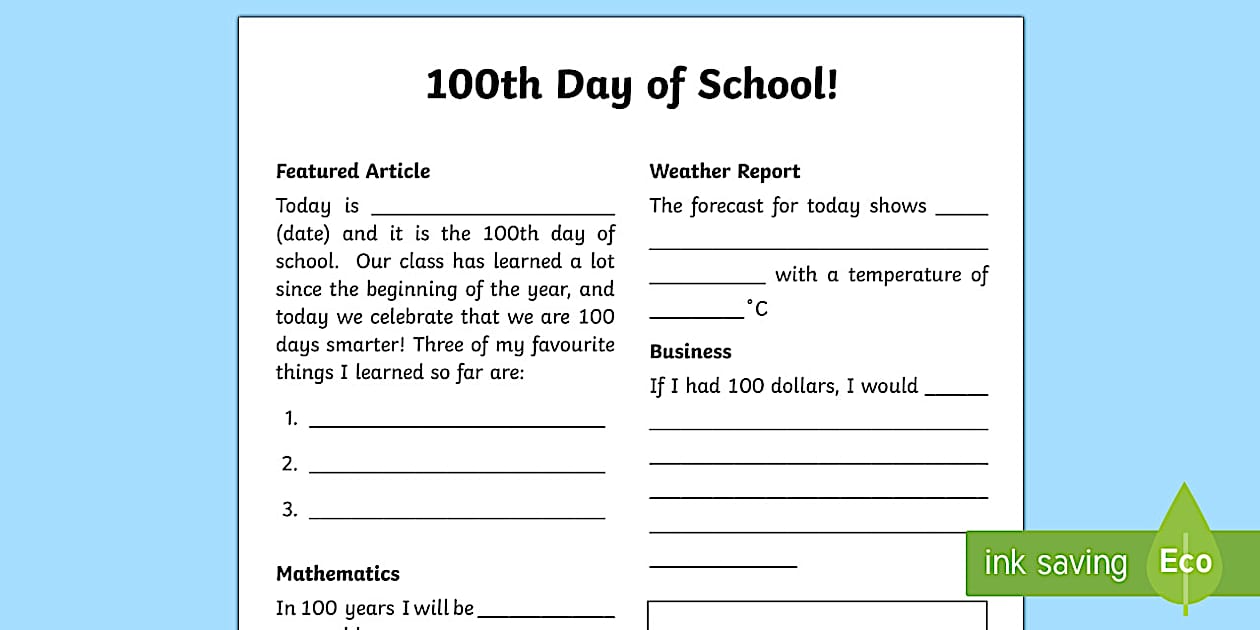 100th Day of School Newsletter Worksheet / Worksheet