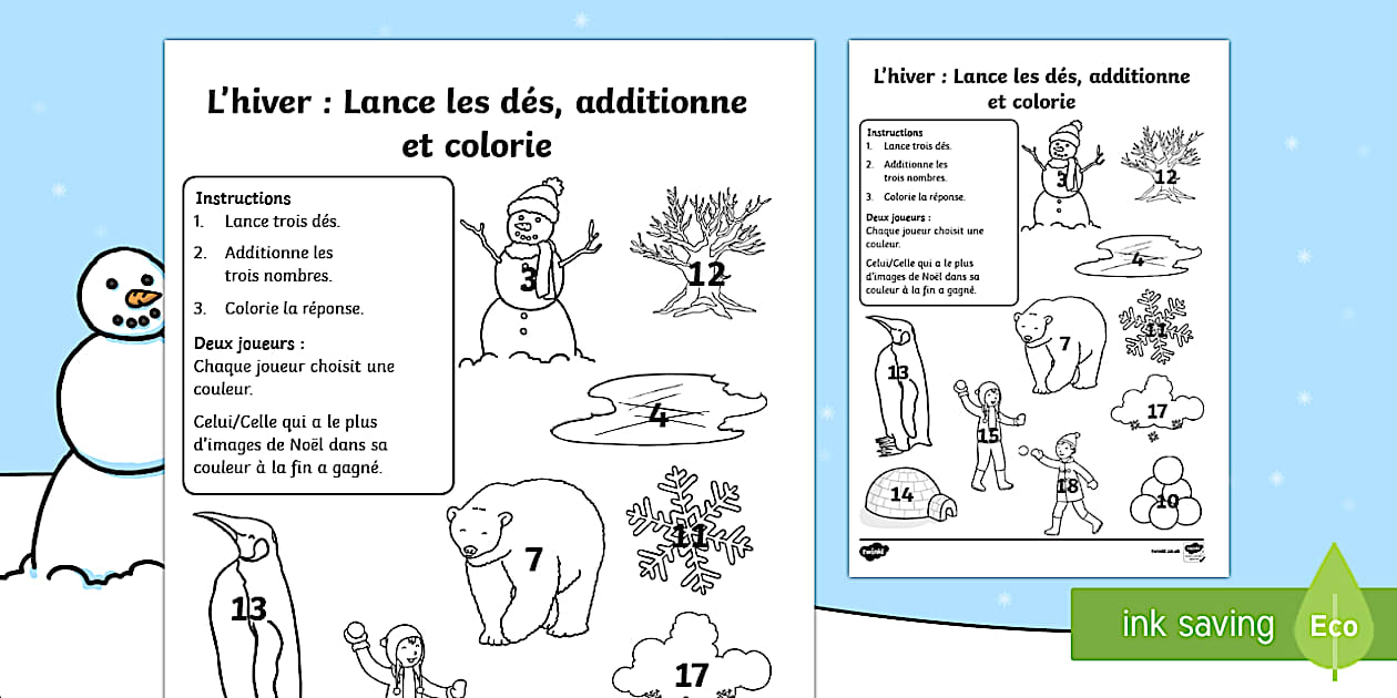 Feuille d'activités : Lancer les dés et colorier - L'hiver