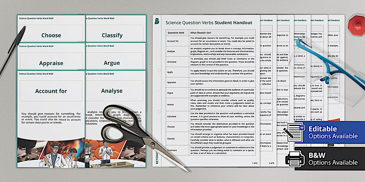 Science Question Verbs Word Wall and Student Handout