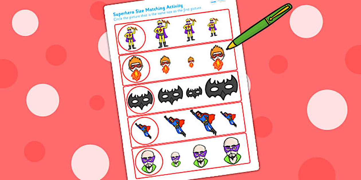 Superhero Themed Size Matching Worksheet - Twinkl