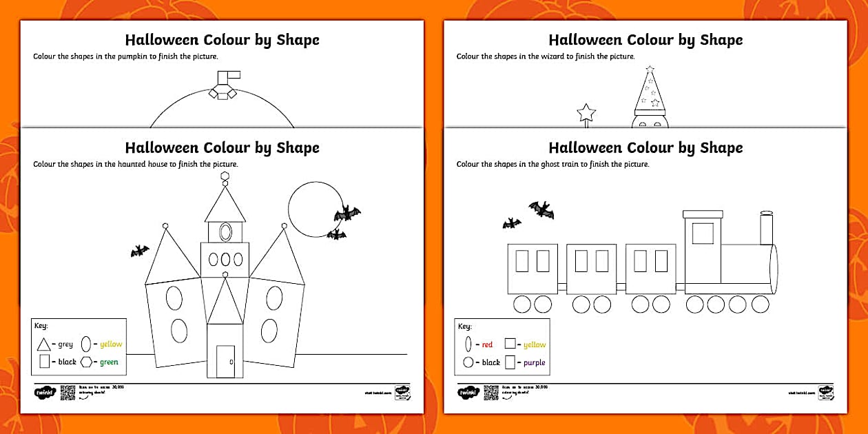 Halloween Themed 2D Colour In Shapes Worksheet - Twinkl