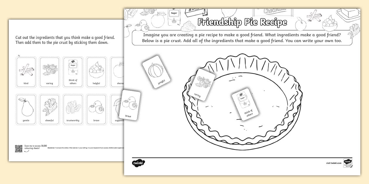 Friendship Pie Recipe Cut and Stick Worksheet (Teacher-Made)