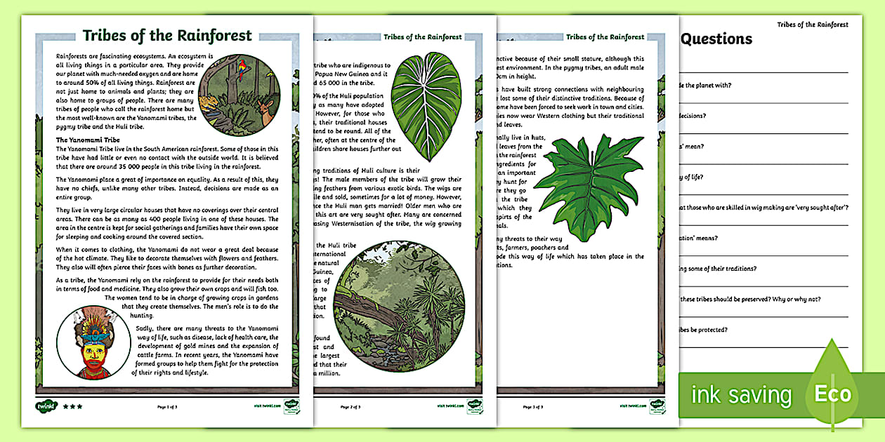 Editable Tribes of the Rainforest Differentiated Reading Comprehension