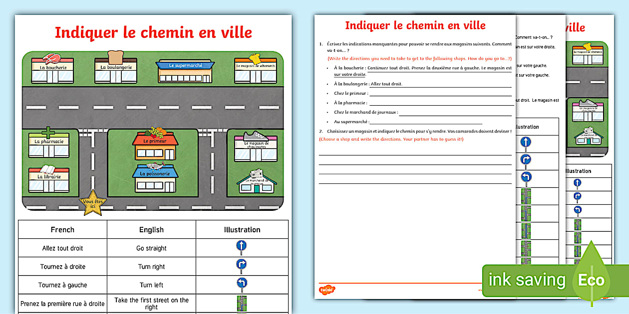 Buildings, Directions and Shops in Town Differentiated Worksheet French