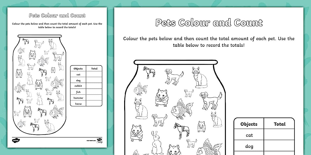 👉 Pets Colour and Count Worksheet - Twinkl