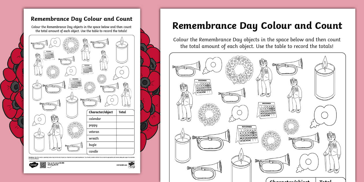 👉 Remembrance Day Colour and Count Worksheet - Twinkl