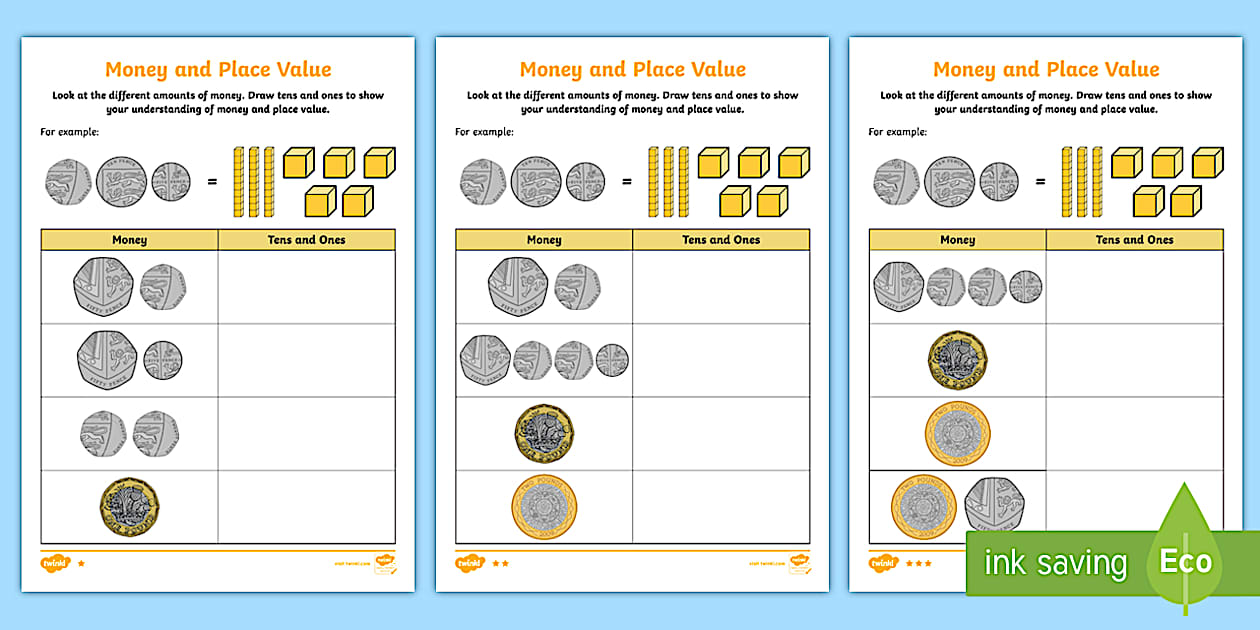 Money and Place Value Pound Sterling Worksheet - Twinkl