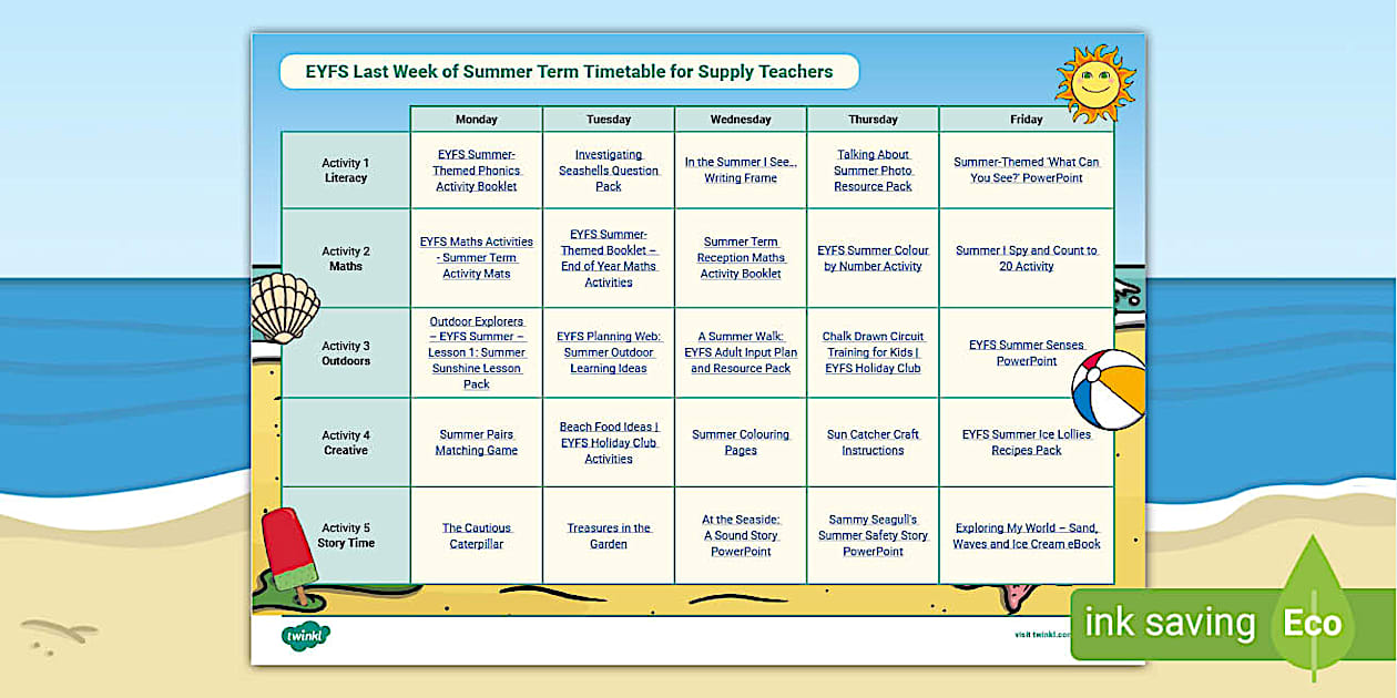EYFS Reception End of Summer Term Timetable -Supply Teachers