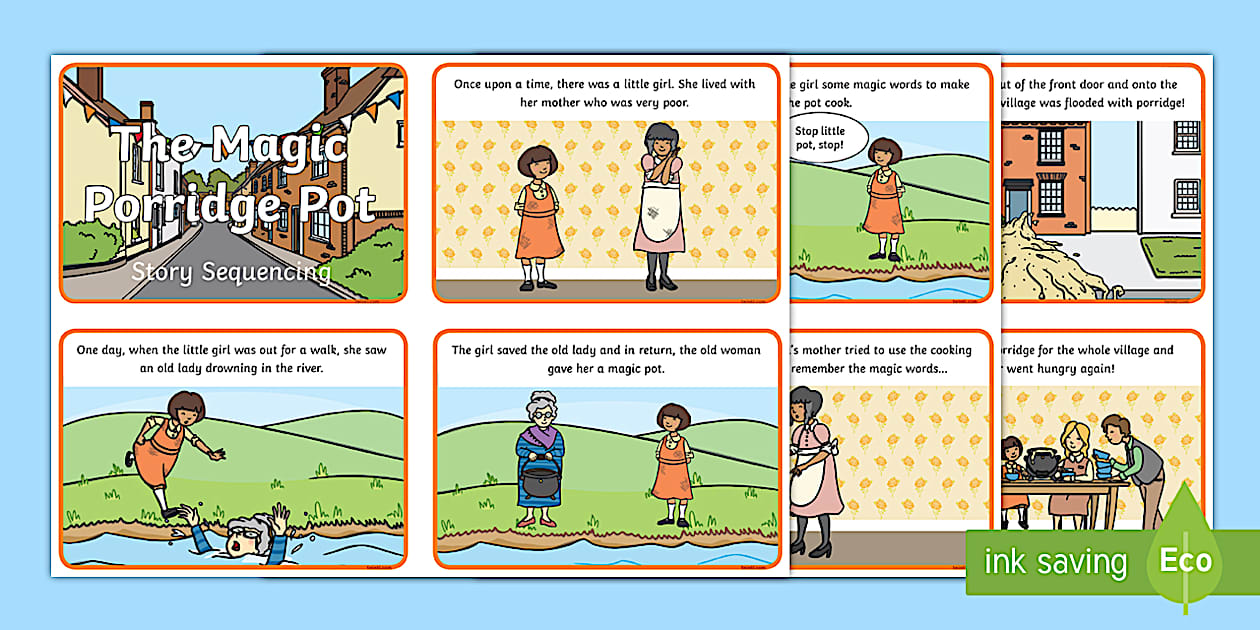 The Magic Porridge Pot Story Sequencing (4 per A4) - Twinkl