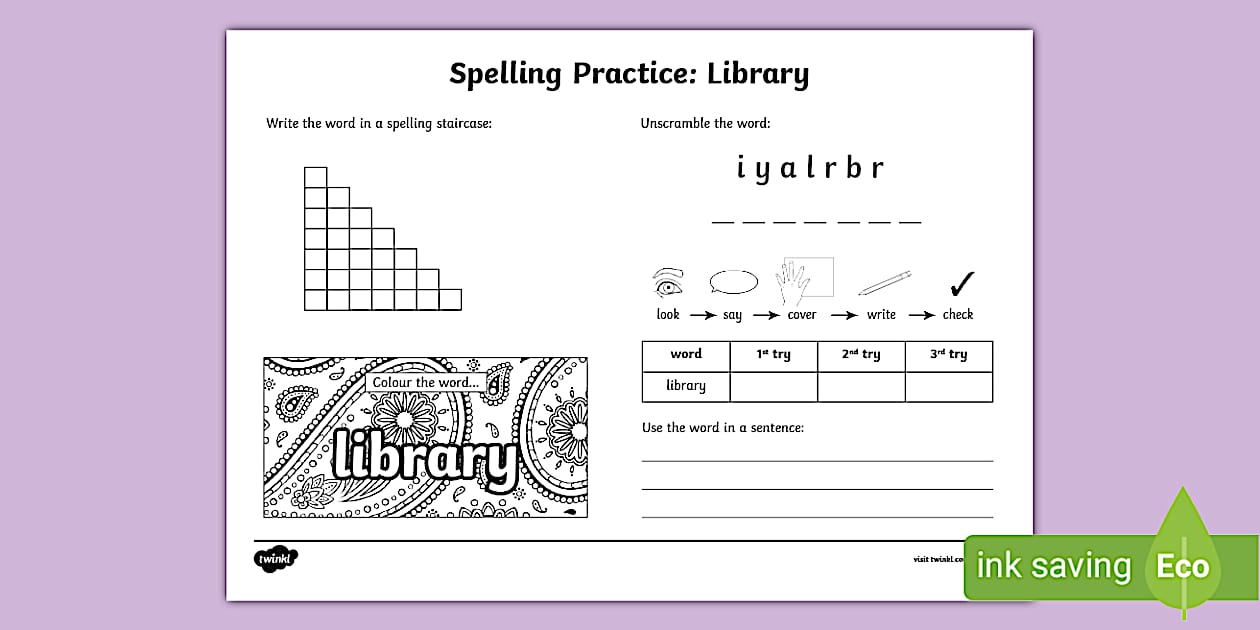 Library Spelling Practice Worksheet (teacher made) - Twinkl