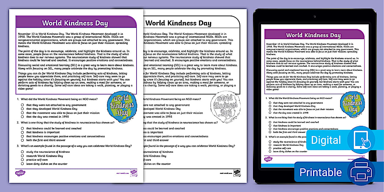 Fifth Grade World Kindness Day Reading Passage Comprehension Worksheet
