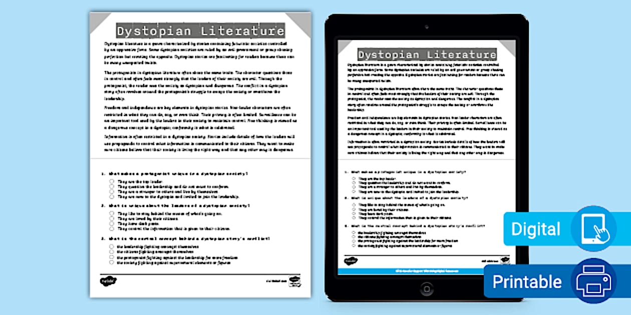 Seventh Grade Dystopian Literature Reading Comprehension Worksheet