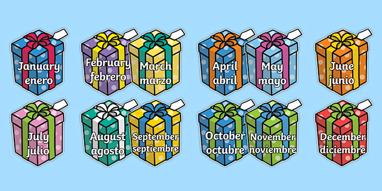 Months on Birthday Presents Spanish Translation - Twinkl