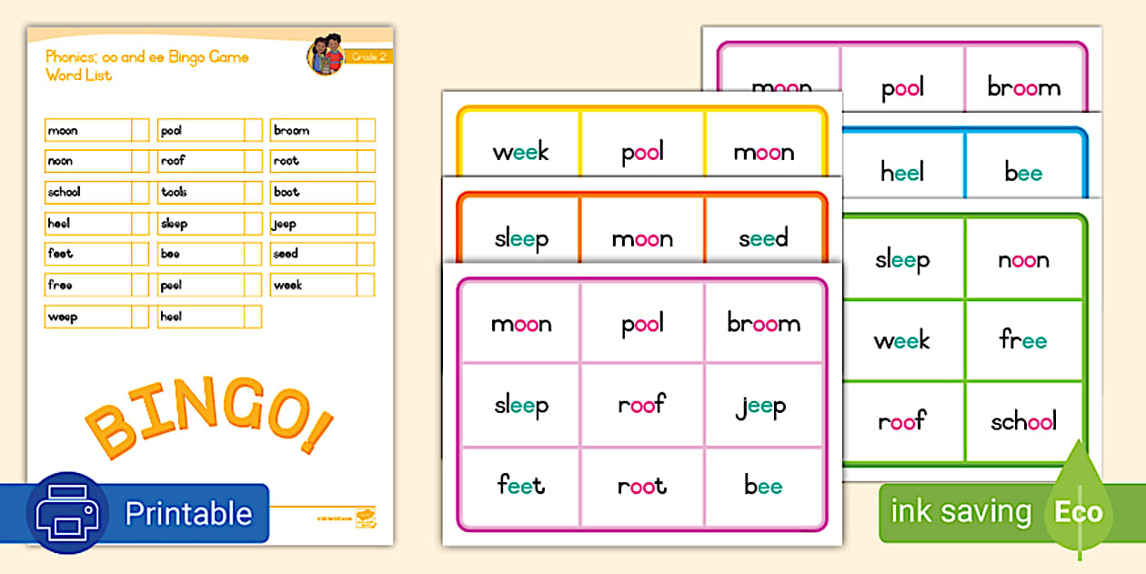 Grade 2 Phonics: ee and oo Bingo Game (teacher made)