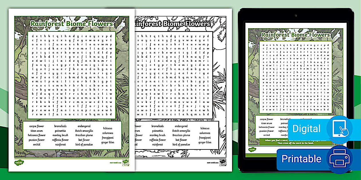 Rainforest Biome Flowers Word Search for 6th-8th Grade
