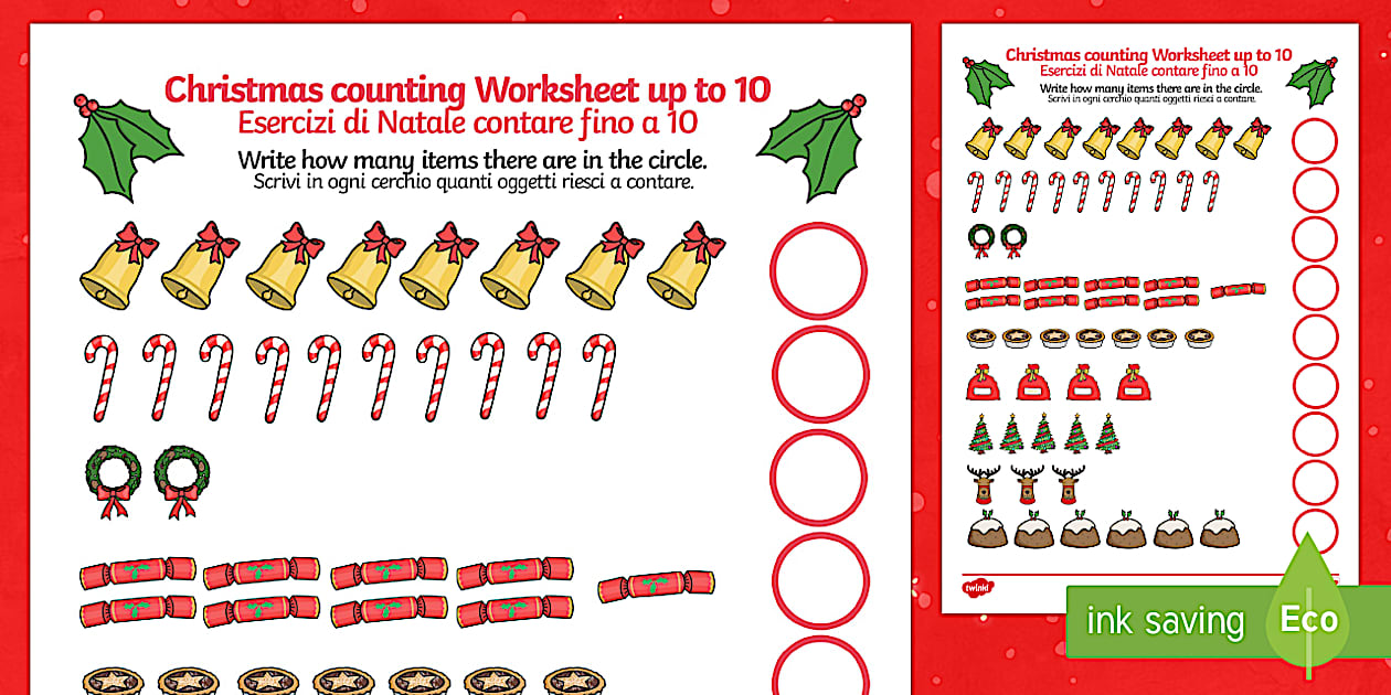 Black and White Counting at Christmas Worksheet up to 10 English/Italian