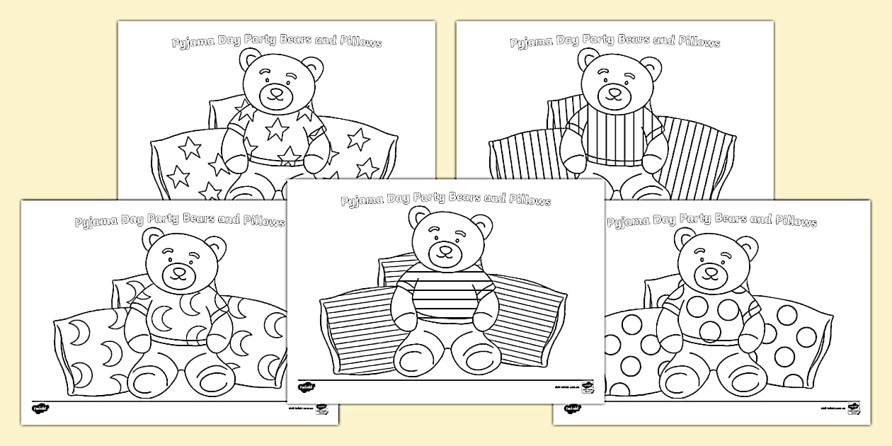 Pyjama Day Party Bears and Pillows Colouring Sheets