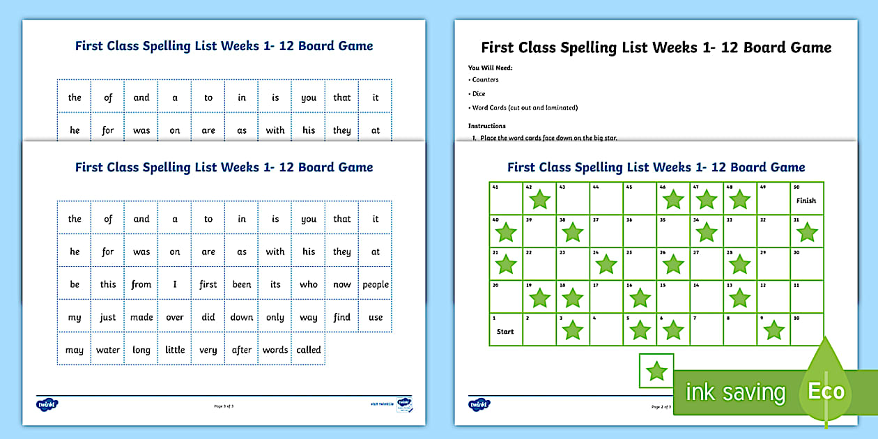 First Class Spellings (Weeks 1- 12) Board Game - Twinkl