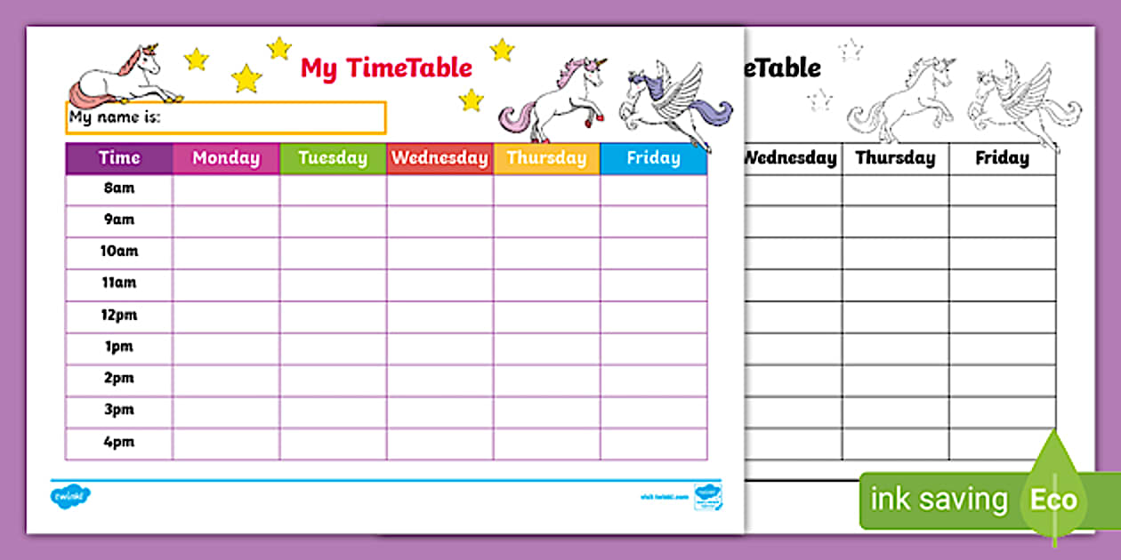 Editable Printable Unicorn Timetable - Primary Resources
