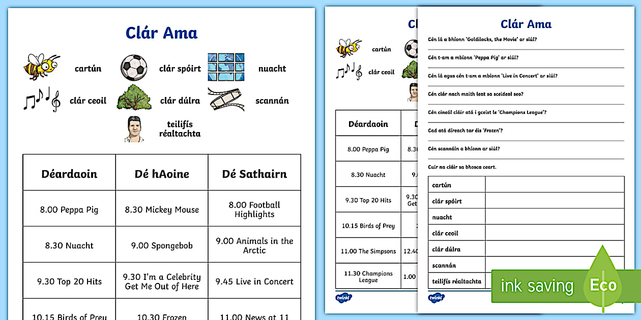 TV Schedule Worksheet Gaeilge