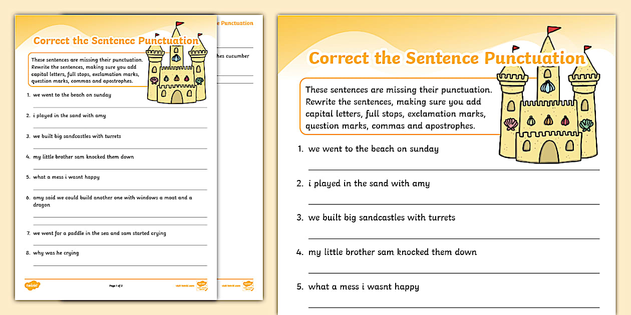 Summer-Themed Correct the Sentence Punctuation Worksheet