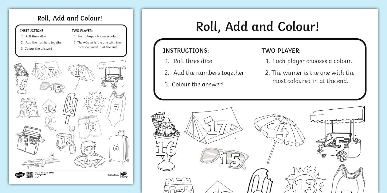 Summer Themed Three Dice Roll and Colour Worksheets - summer