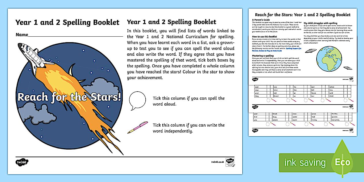 Editable Reach for the Stars: Year 1 and 2 Spelling List Booklet Checklist
