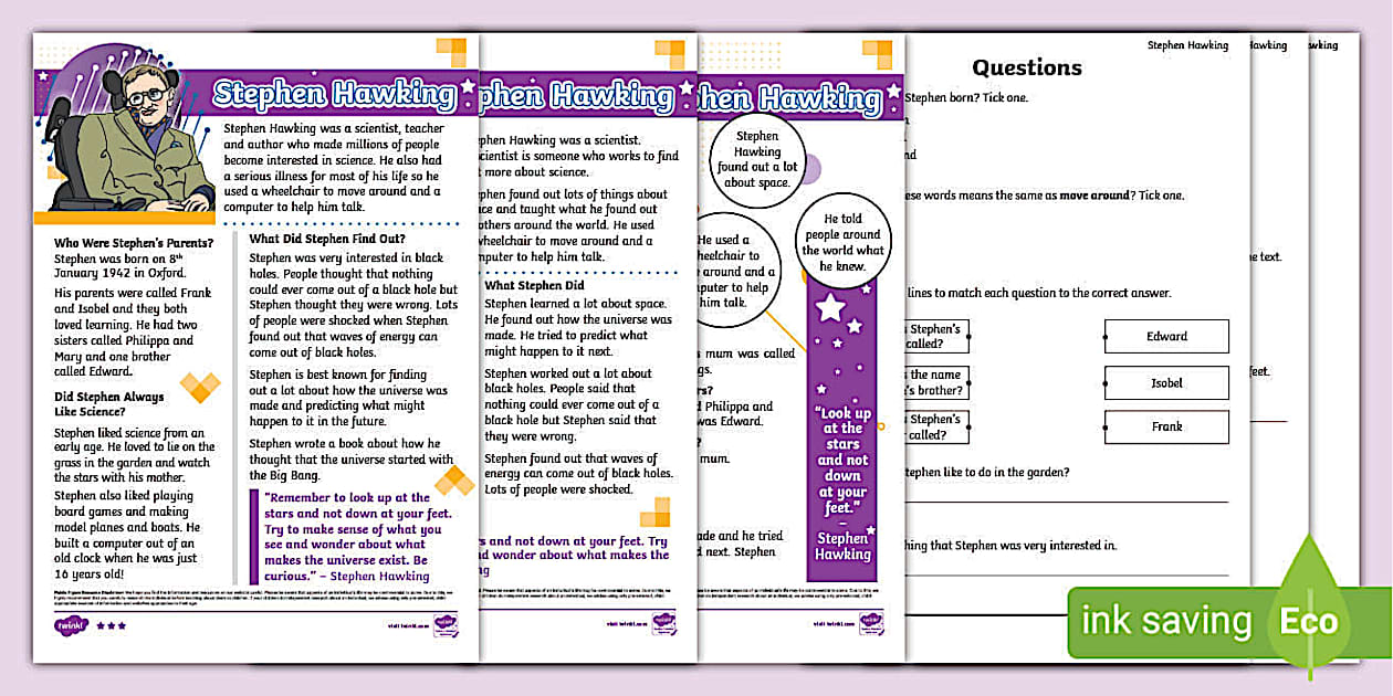KS1 Stephen Hawking Differentiated Reading Comprehension Activity