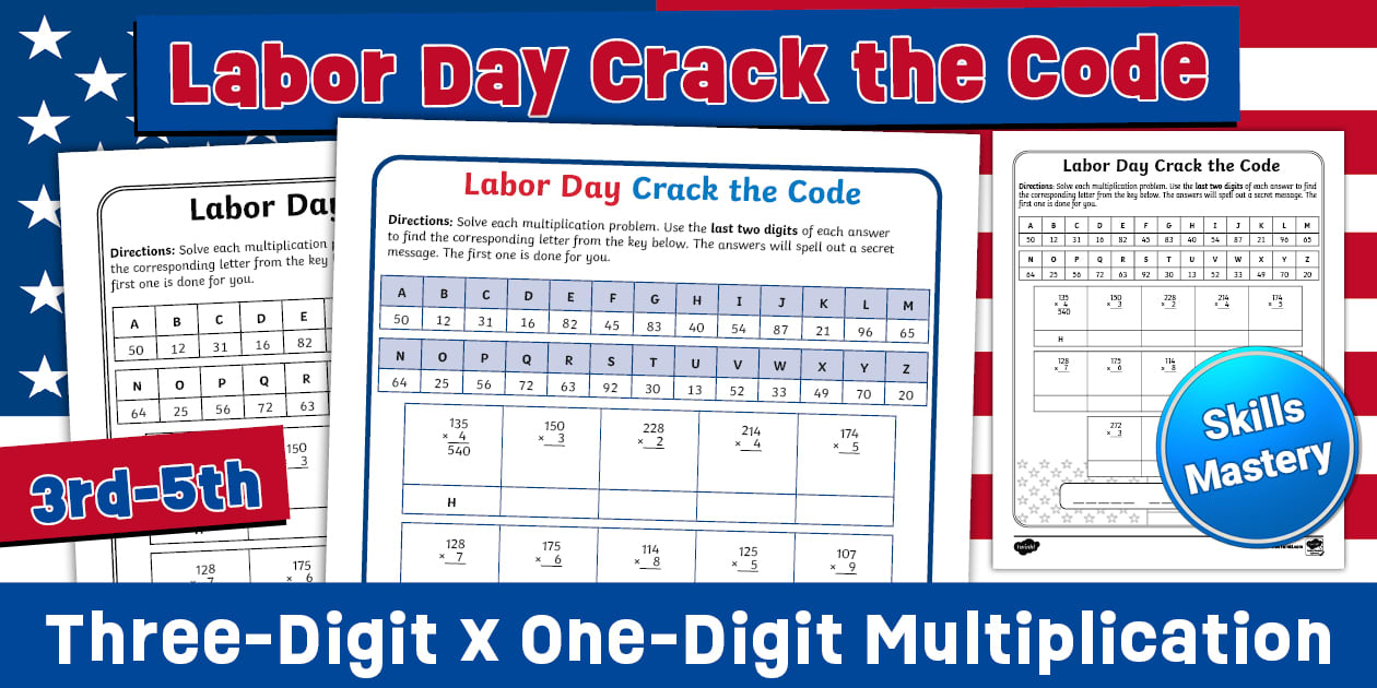 Labor Day Crack the Code Multiplication for 3rd-5th Grade