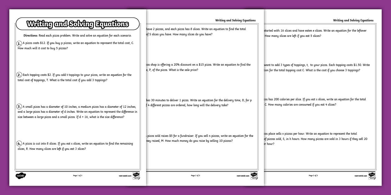 6th Gr Writing and Solving Equations Pizza Math Activity