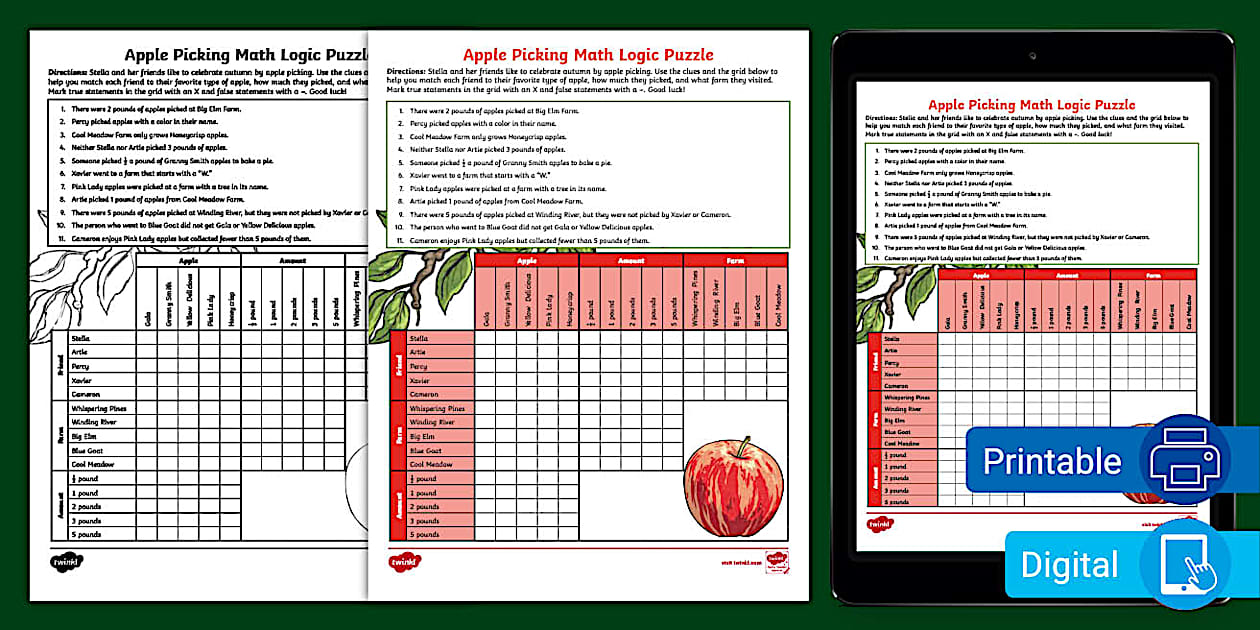 Sixth Grade Apple Picking Math Logic Puzzle (Teacher-Made)